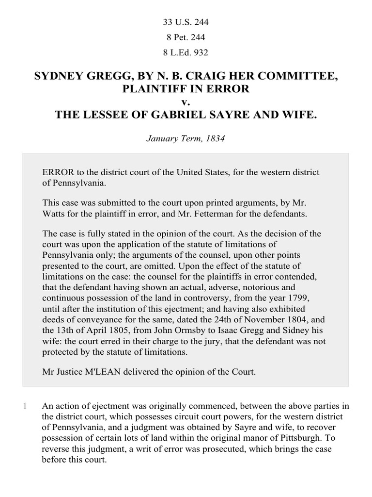 Gregg v. Lessee of Sayre, 33 U.S. 244 (1834) | PDF | Deed | Adverse ...