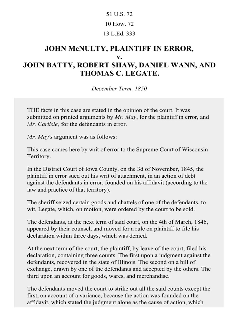 McNulty v. Batty, 51 U.S. 72 (1851) | PDF | Jurisdiction | Federal ...