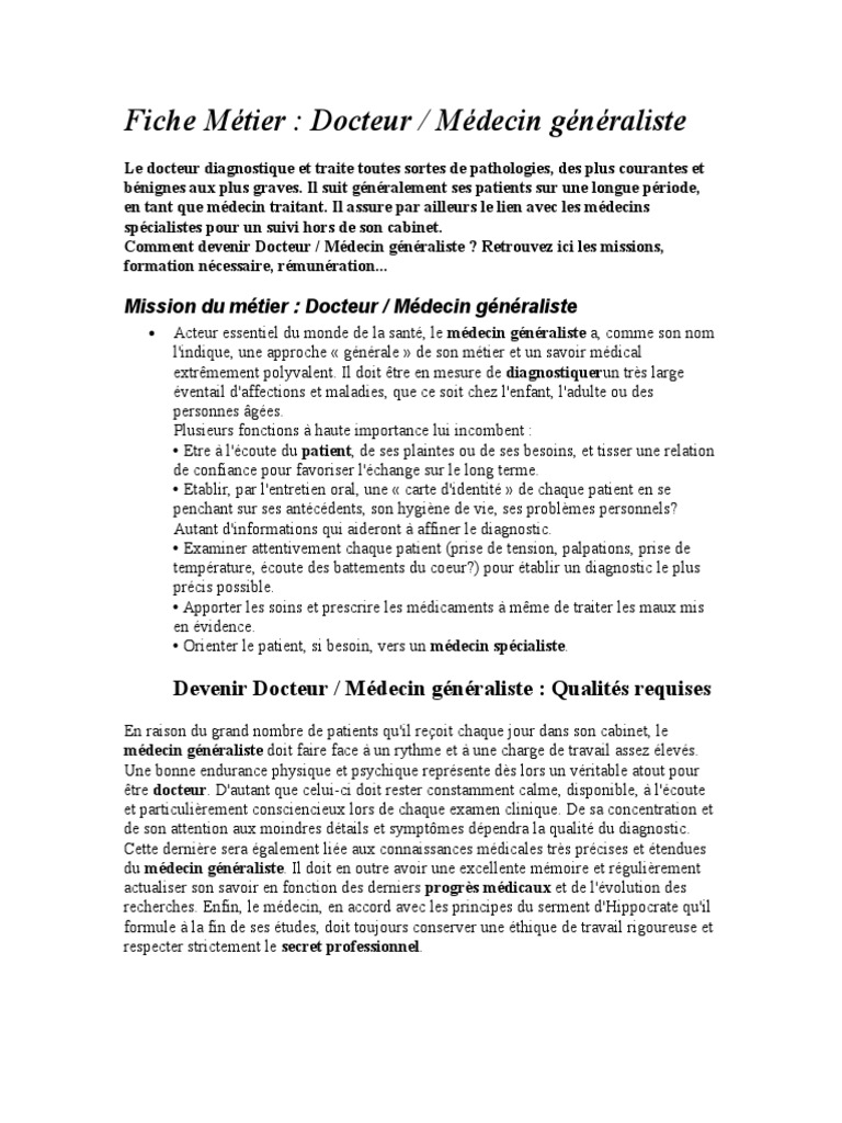 Fiche Métier : Médecin Généraliste | PDF | Médecine générale | Doctorat