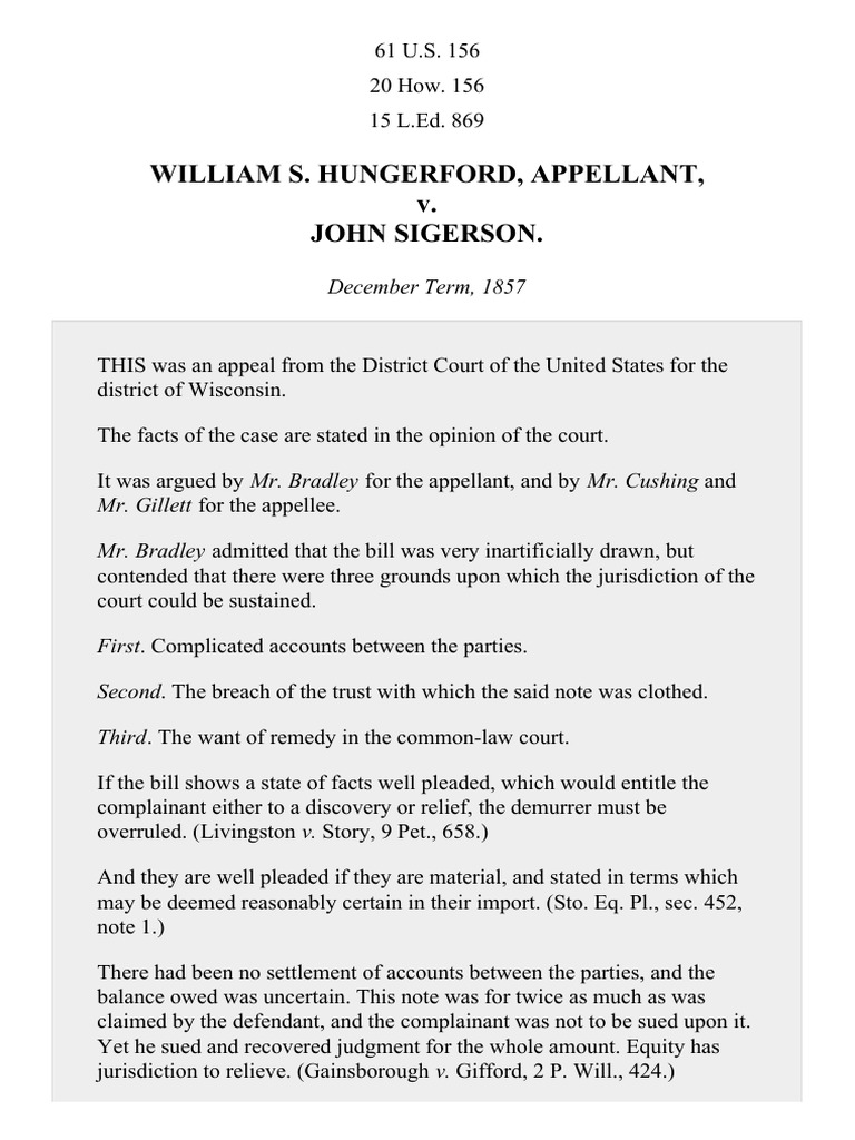 William S. Hungerford v. John Sigerson, 61 U.S. 156 (1858) | PDF ...
