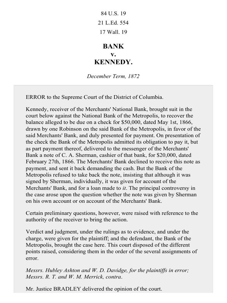 Bank v. Kennedy, 84 U.S. 19 (1873) | PDF | Lawsuit | Witness