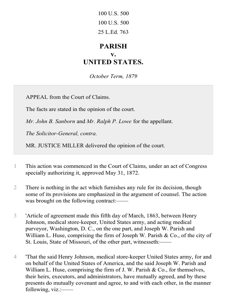Parish v. United States, 100 U.S. 500 (1880) | PDF | Damages | Precedent