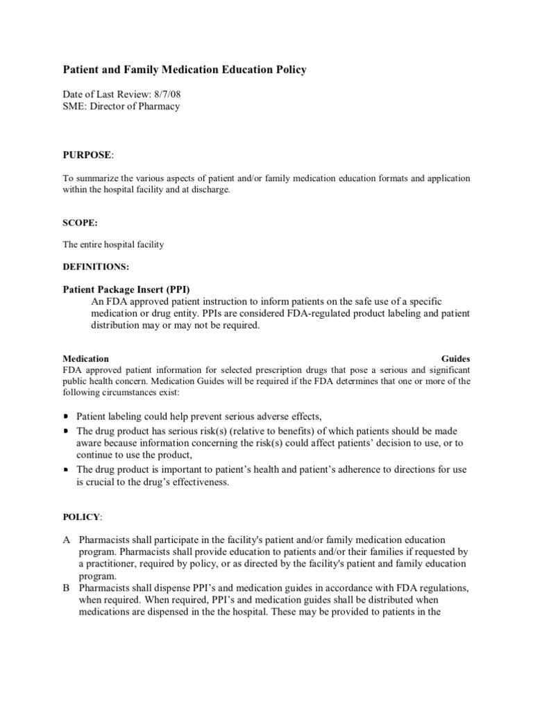 Patient and Family Medication Education Policy | Pharmacy | Food And ...
