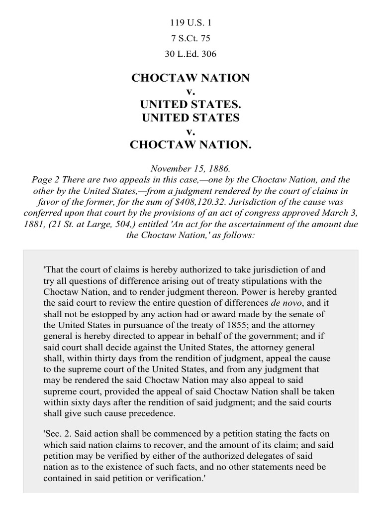 Choctaw Nation v. United States, 119 U.S. 1 (1886) | PDF | Choctaw | Treaty