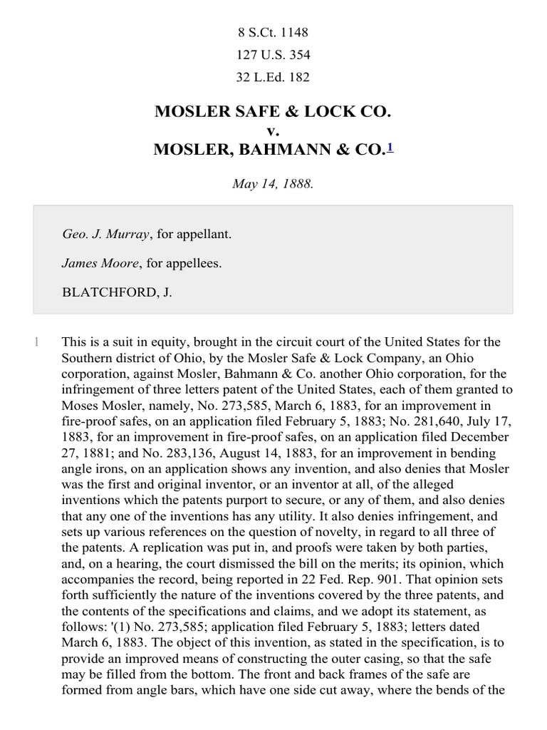Mosler Safe & Lock Co. v. Mosler, 127 U.S. 354 (1888) | PDF | Patent ...