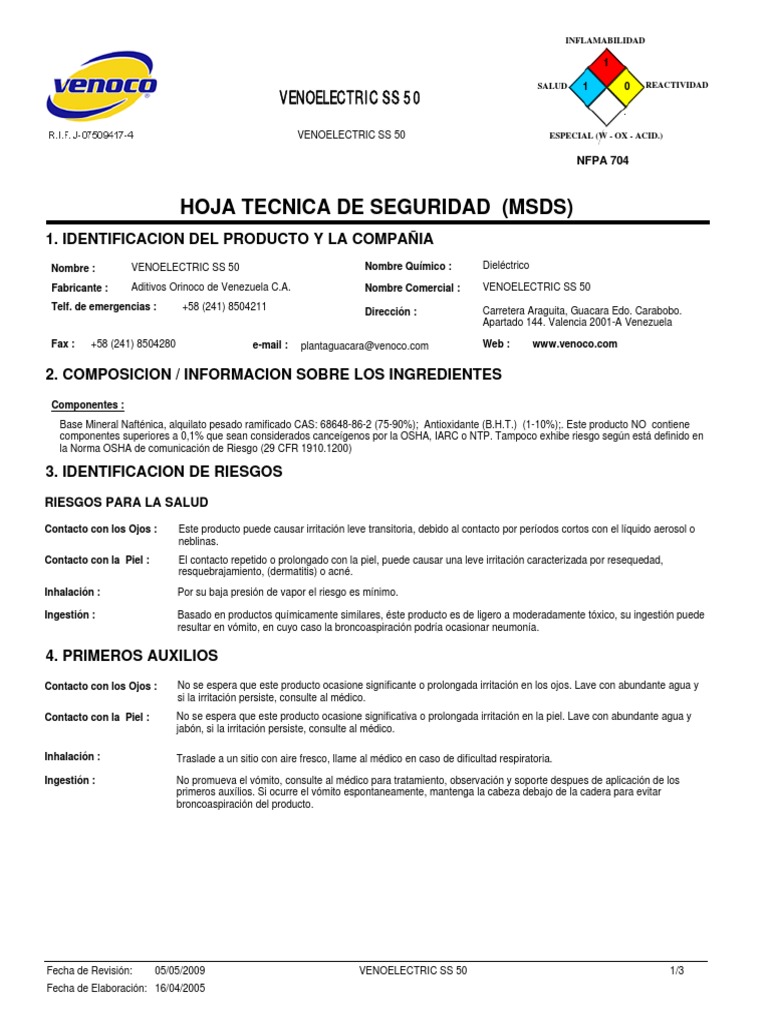 Hoja Seguridad Venoelectric SS 50 | PDF | Residuos | Toxicidad