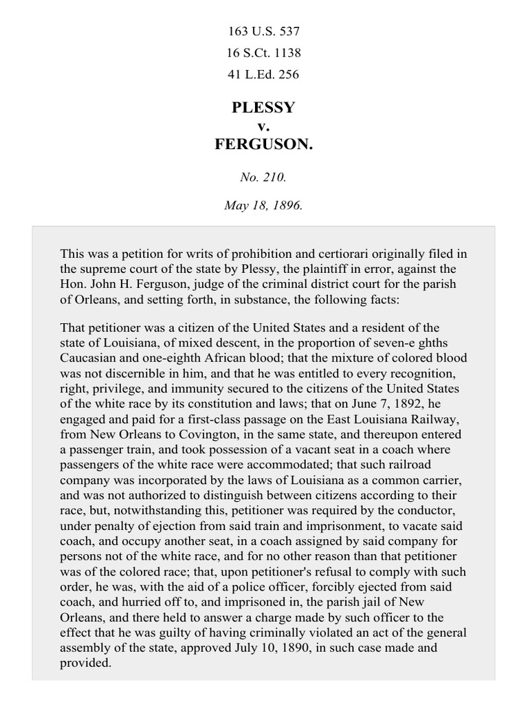Plessy v. Ferguson, 163 U.S. 537 (1896) | PDF | Fourteenth Amendment To ...