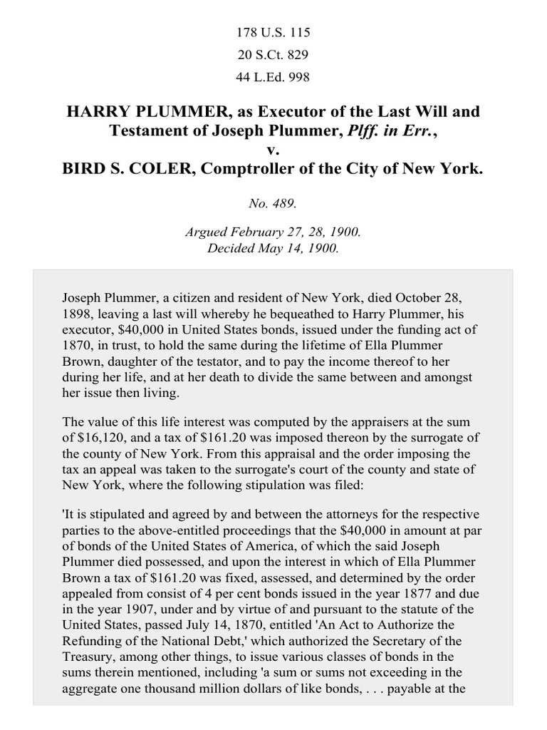 Plummer v. Coler, 178 U.S. 115 (1900) | PDF | Inheritance Tax | Will ...