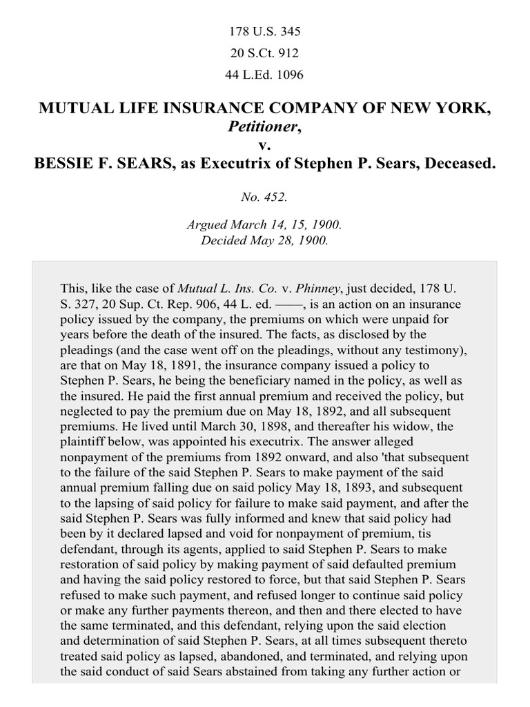 Mutual Life Ins. Co. v. Sears, 178 U.S. 345 (1900) | PDF | United ...