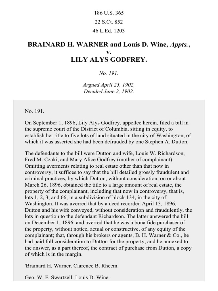 Warner v. Godfrey, 186 U.S. 365 (1902) | PDF | Equity (Law) | Lawsuit