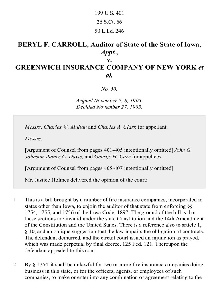 Carroll v. Greenwich Ins. Co. of NY, 199 U.S. 401 (1905) | United ...