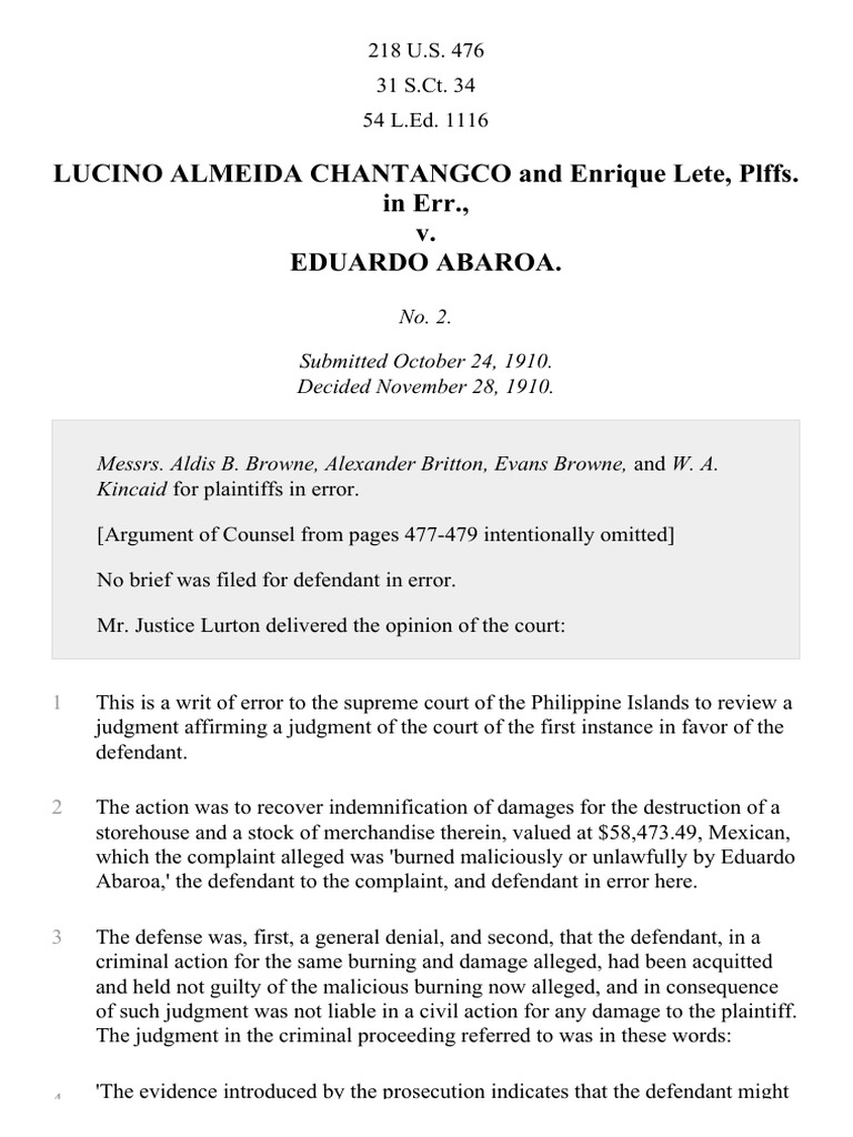 LUCINO ALMEIDA CHANTANGCO and Enrique Lete, Plffs. in Err., v. Eduardo ...