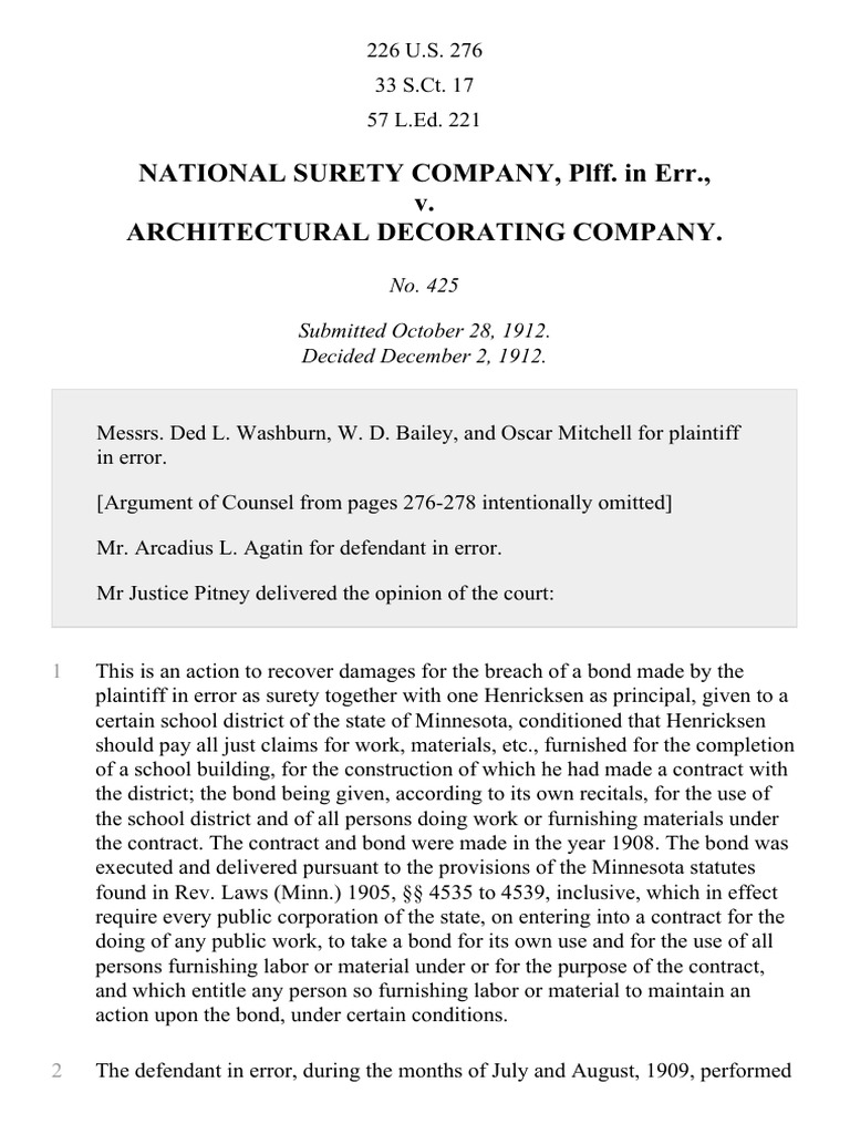 National Surety Co. v. Architectural Decorating Co. Case Summary | PDF ...