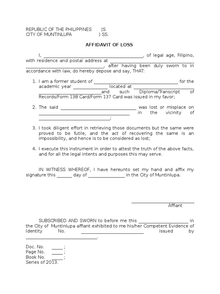 Affidavit of Loss Diploma-Form138-Form137 | PDF | Affidavit | Document