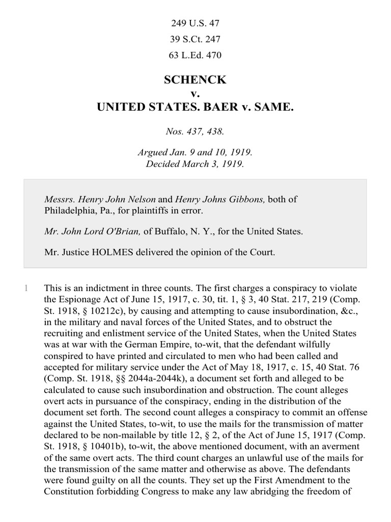 Schenck v. United States, 249 U.S. 47 (1919) | First Amendment To The ...