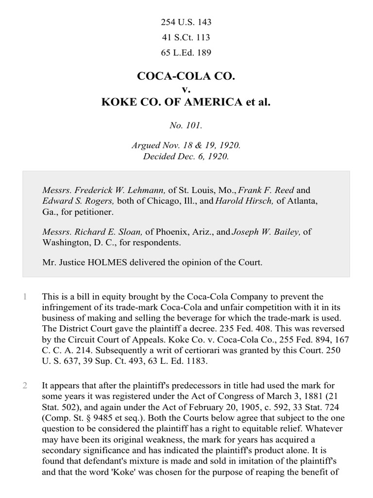 Coca-Cola Co. v. Koke Co. of America, 254 U.S. 143 (1920) | PDF | Coca ...