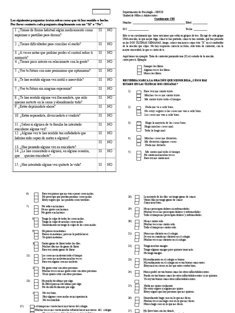 CDI | PDF | Depresión (estado de ánimo) | Cuestionario