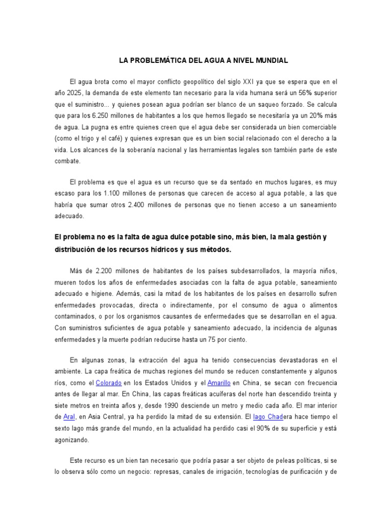 La Problemática Del Agua A Nivel Mundial | PDF | Saneamiento | Riego