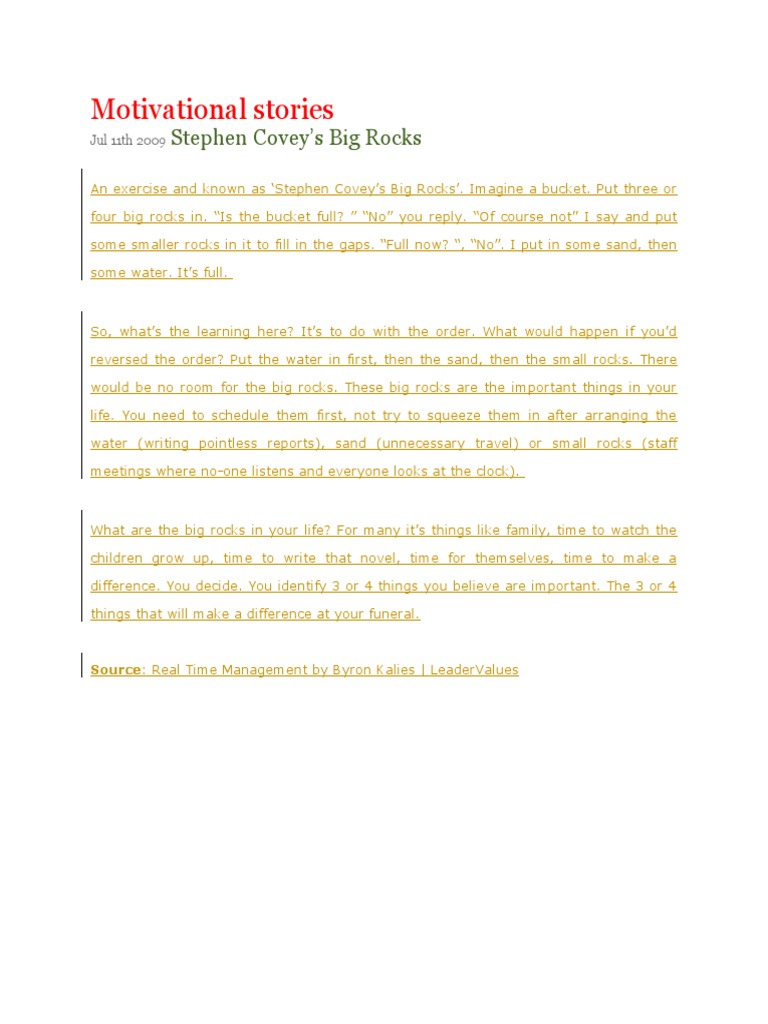 Motivational Stories: Stephen Covey's Big Rocks | PDF
