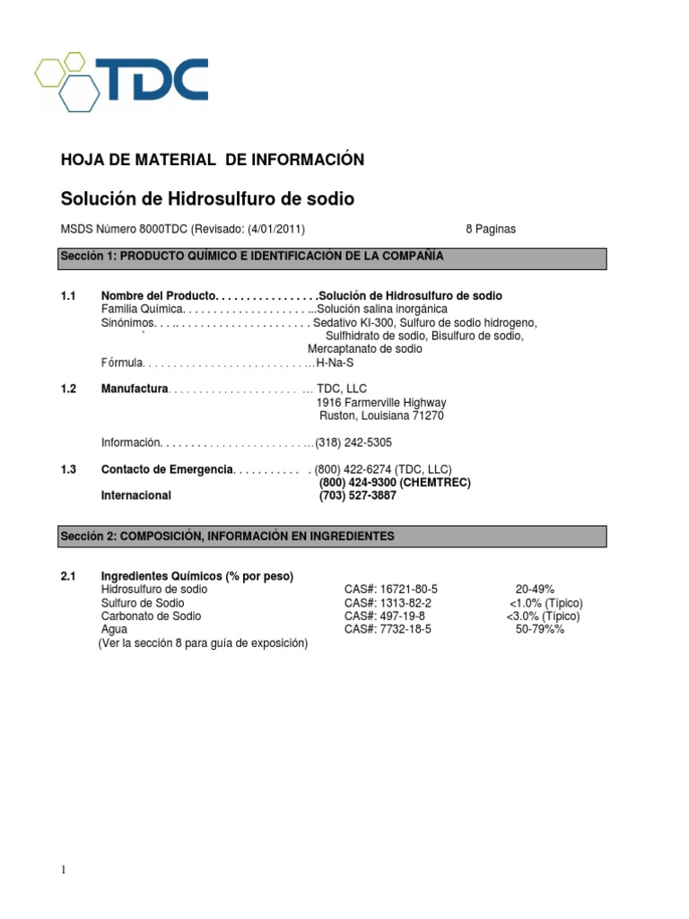 NaHS MSDS | PDF | Hidrógeno | Agua