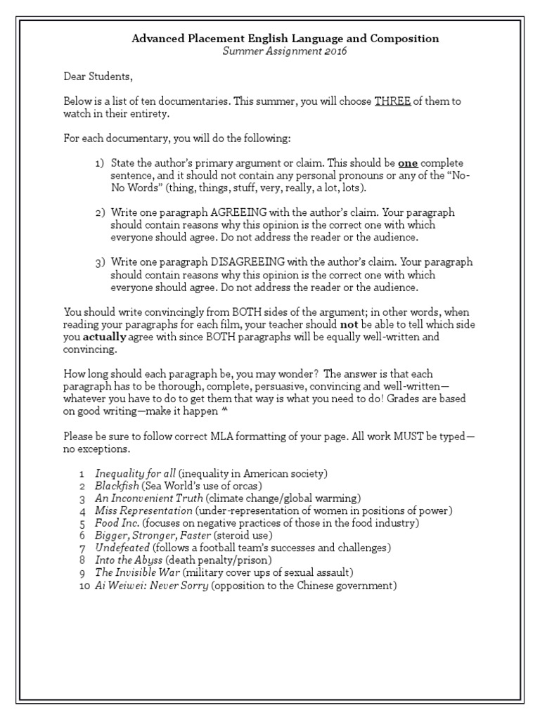AP English Summer Documentary Assignment | PDF
