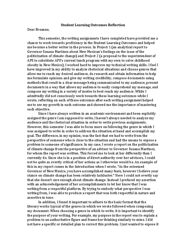 Reflection on Student Learning Outcomes | PDF | Genre | Obesity