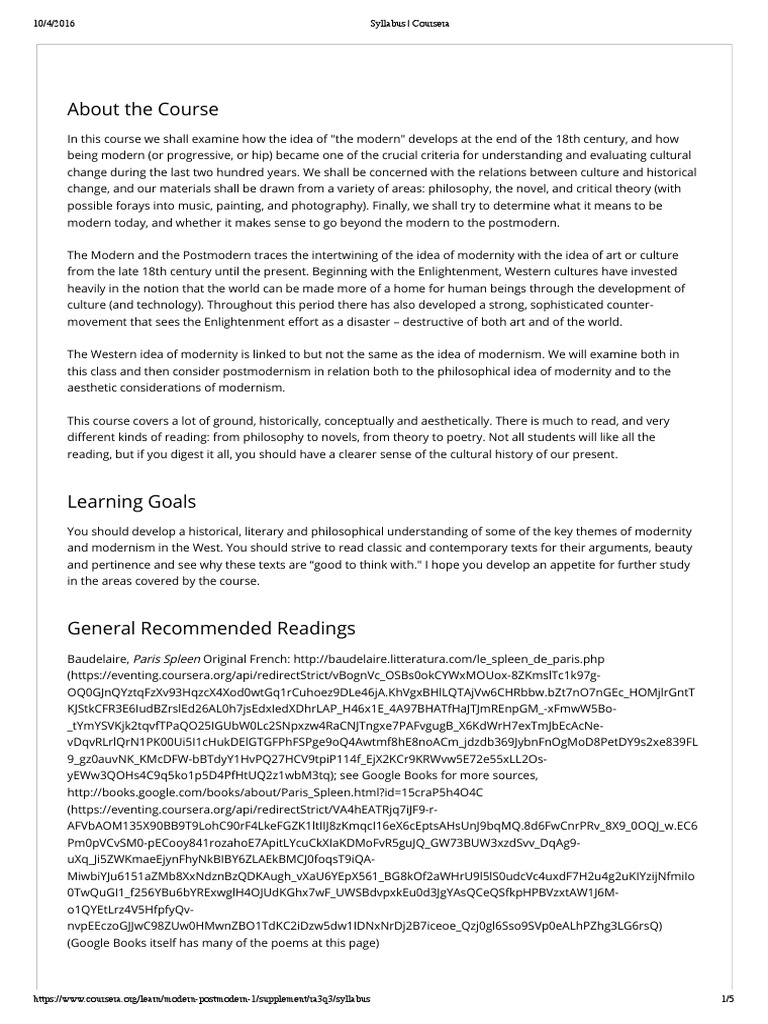 Syllabus - Coursera | Download Free PDF | Modernity | Age Of Enlightenment