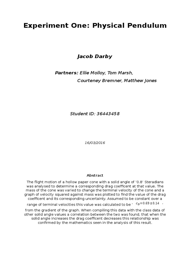 Experiment One: Physical Pendulum: Jacob Darby | PDF | Drag (Physics ...