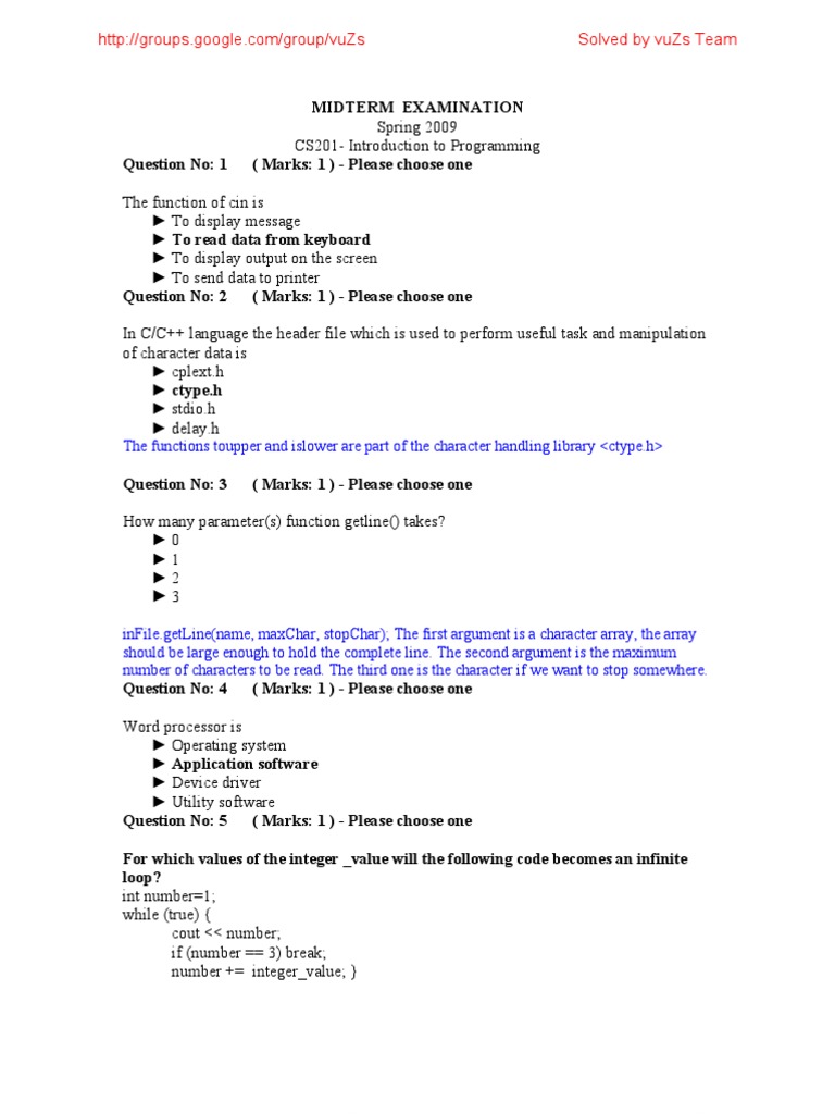 Cs201 Midterm Spring2009 A Pdf Control Flow Array Data Structure 6577