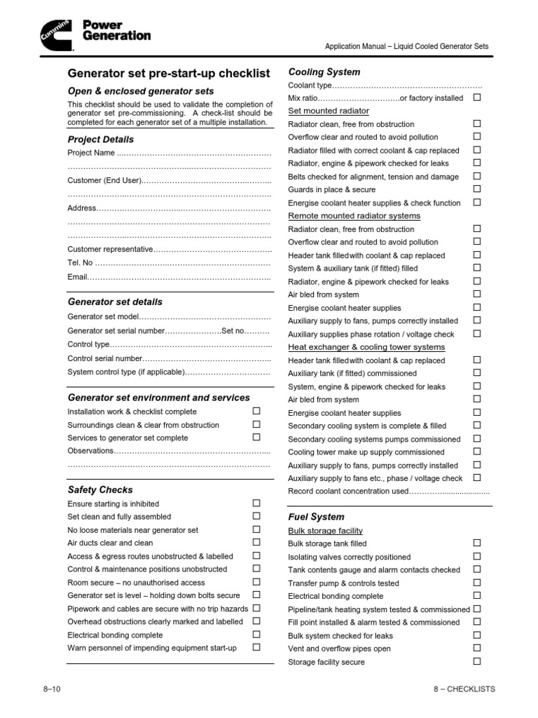 Generator Set Pre-Startup Checklist | PDF | Radiator | Valve