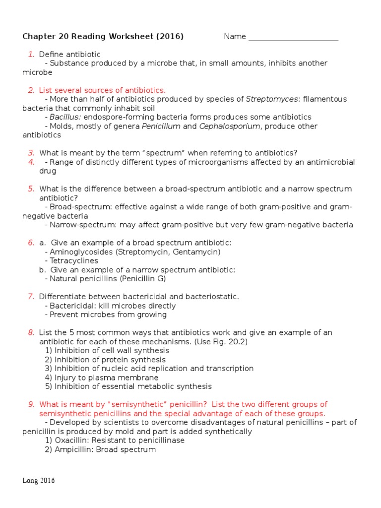 Chap 20 Reading Worksheet | PDF | Antibiotics | Antimicrobial Resistance
