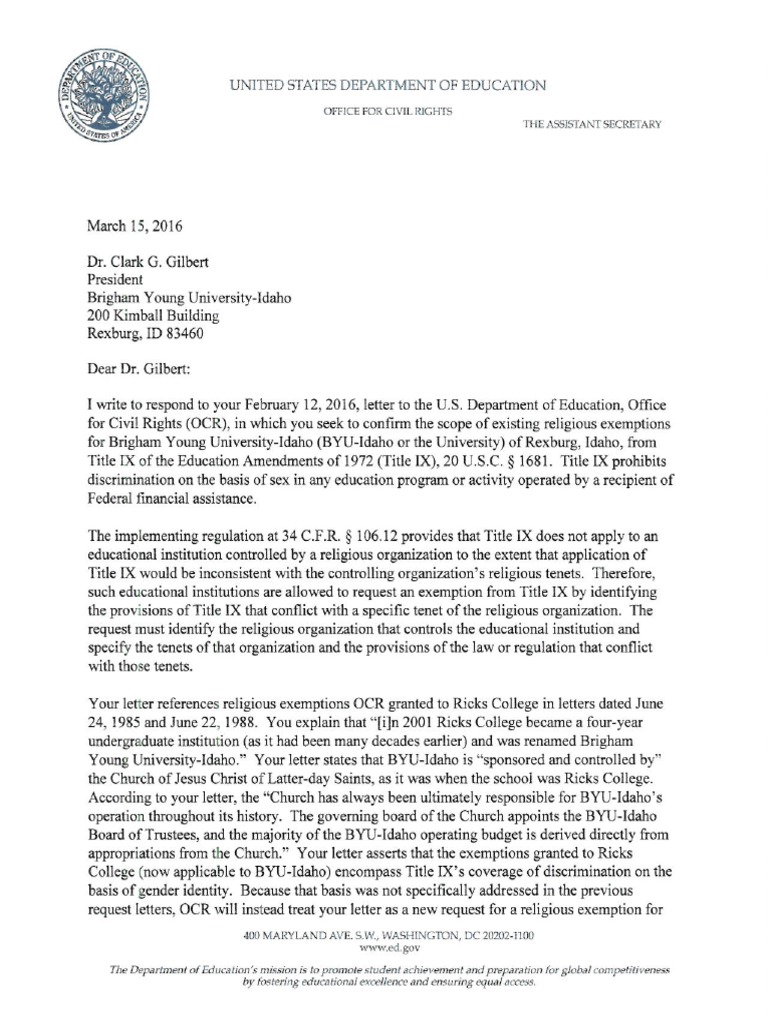 Letter To BYU-Idaho From The U.S. Department of Education | PDF