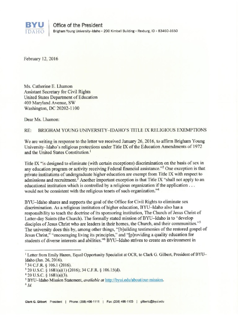 BYU-Idaho's Letter Requesting An Exemption From Title IX Discrimination ...