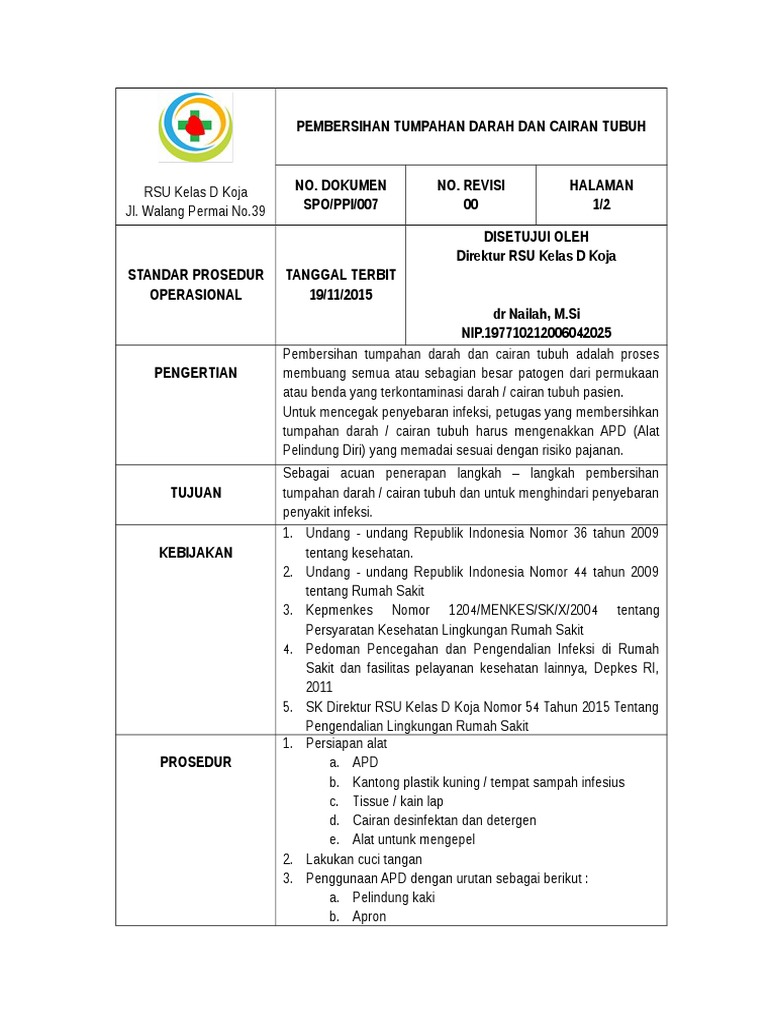 Spo Pembersihan Tumpahan Darah Dan Cairan Tubuh Ppi 8 | PDF