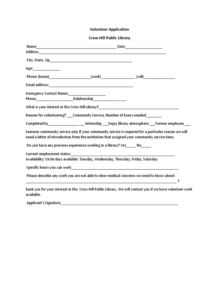 Crow Hill Library Volunteer Application | PDF