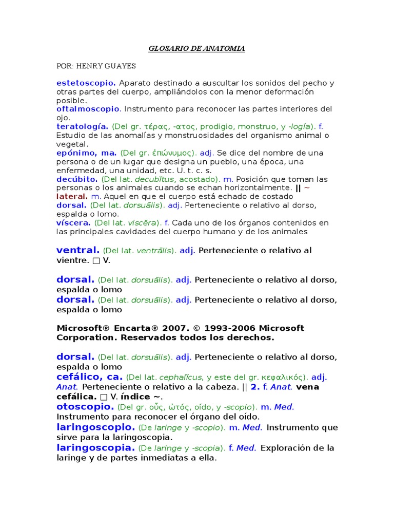Glosario de Anatomia | PDF | Términos anatómicos de ubicación | Hueso