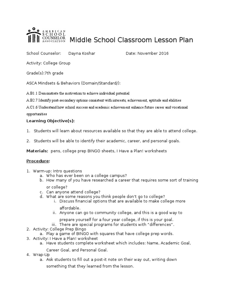 Middle School College Prep Lesson Plan | PDF