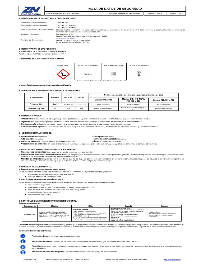 MSDS Oxido Zinc Es | PDF