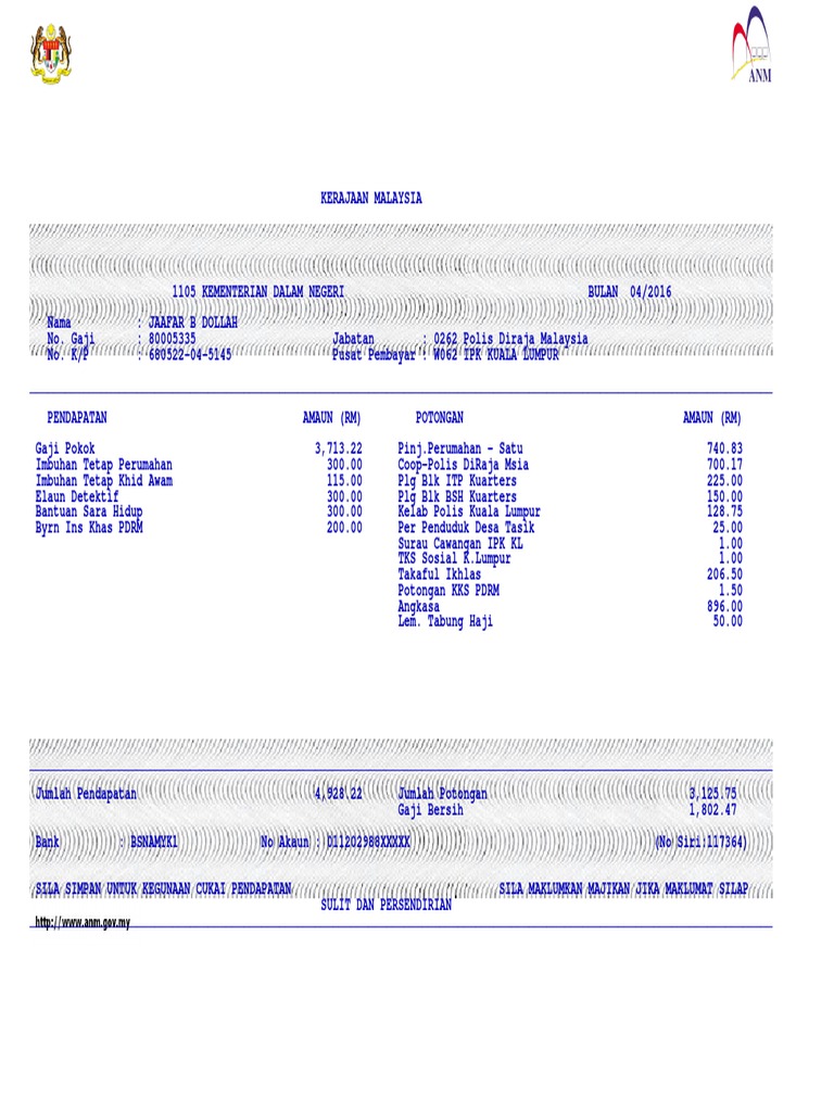 Slip Gaji PDRM April 2016 - Jaafar B. Dollah | PDF