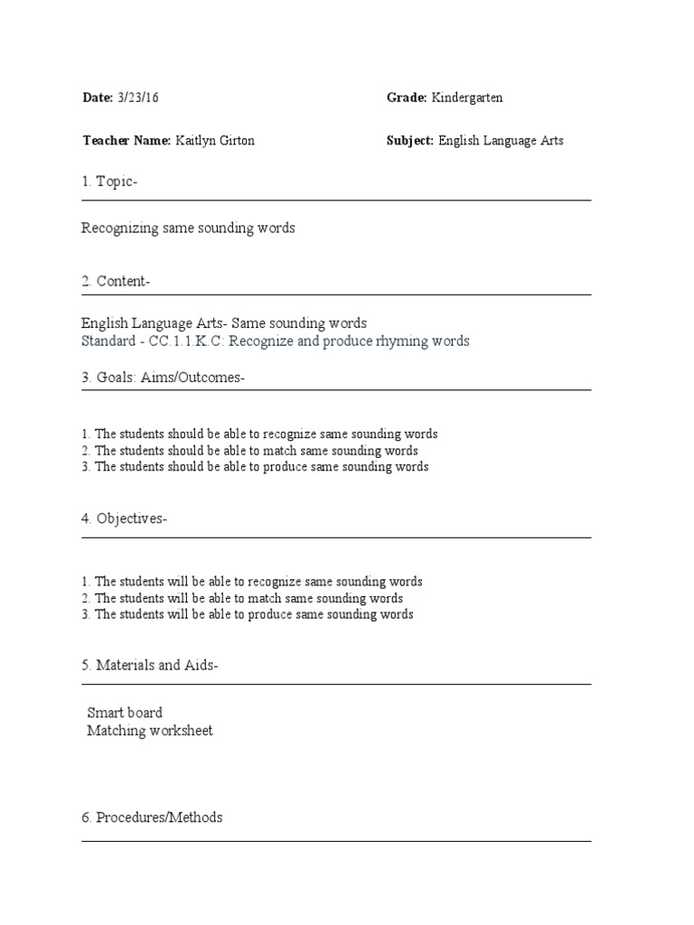 Kindergarten Rhyming Words Lesson Plan | PDF