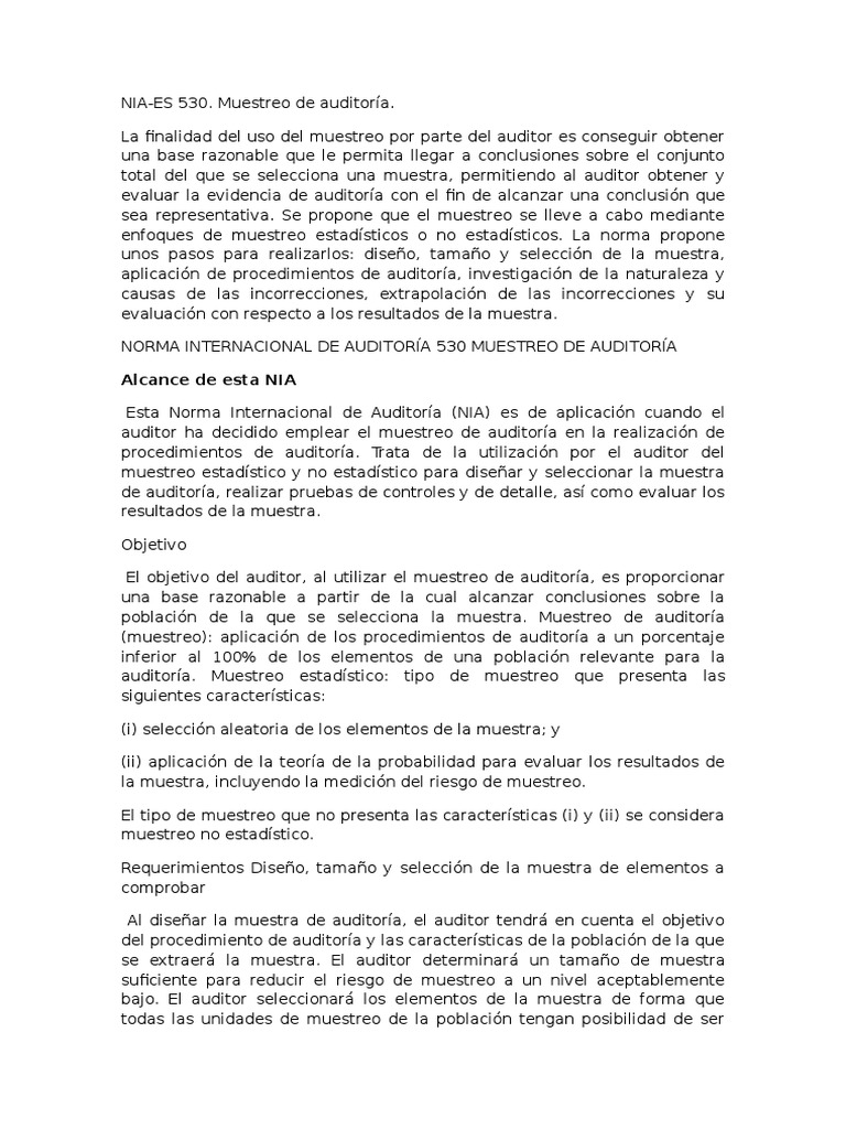 NIA 530 Resumen | PDF | Muestreo (Estadísticas) | Estadísticas