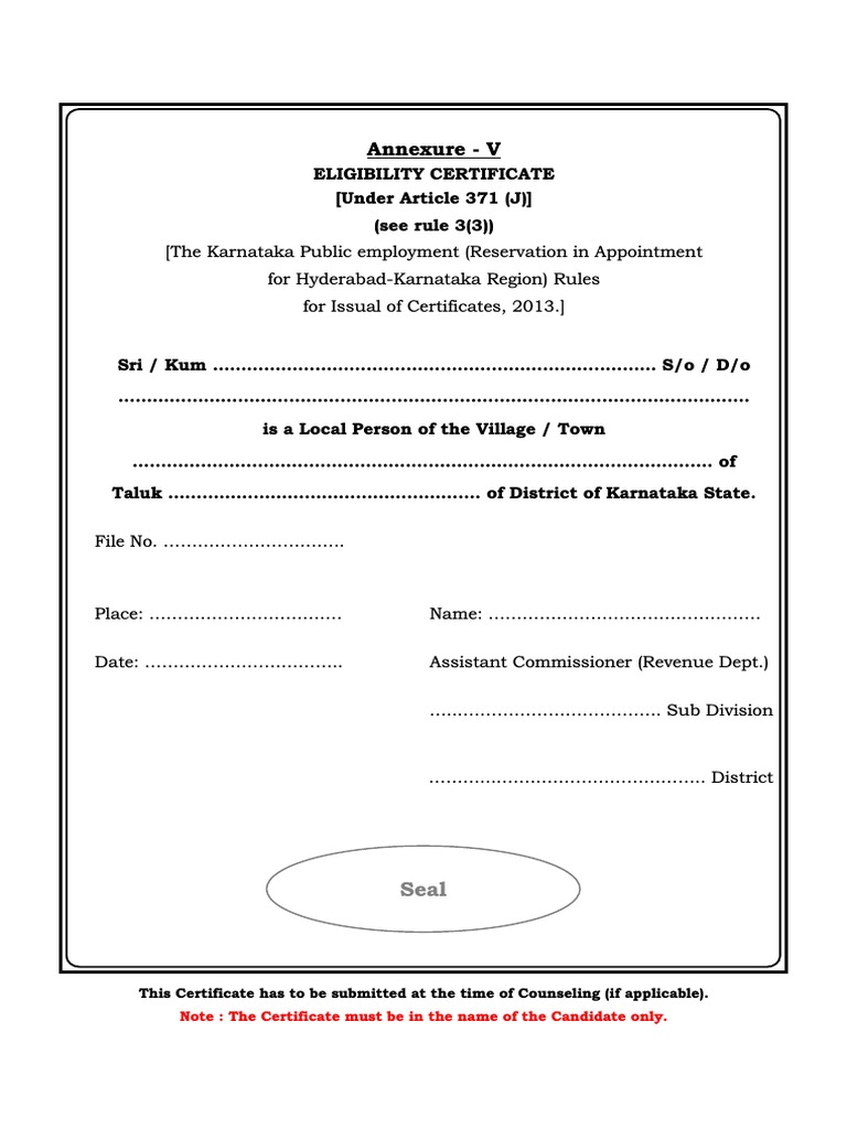 Annexure - V: This Certificate Has To Be Submitted at The Time of Counseling (If Applicable ...
