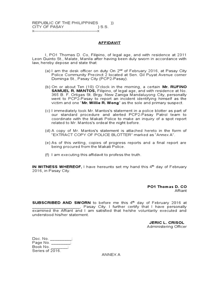 Sample POLICE Affidavit and Blotter JC | PDF | Affidavit | Crime & Violence