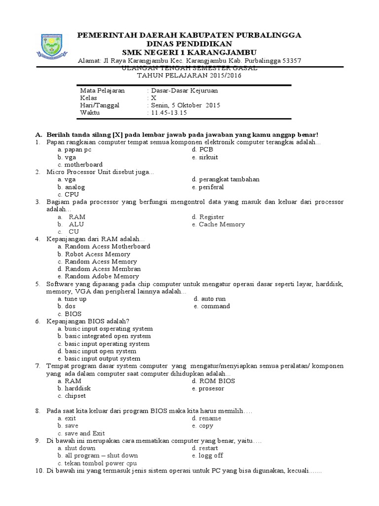 SOAL UTS Dasar Dasar Kejuruan SMK | PDF