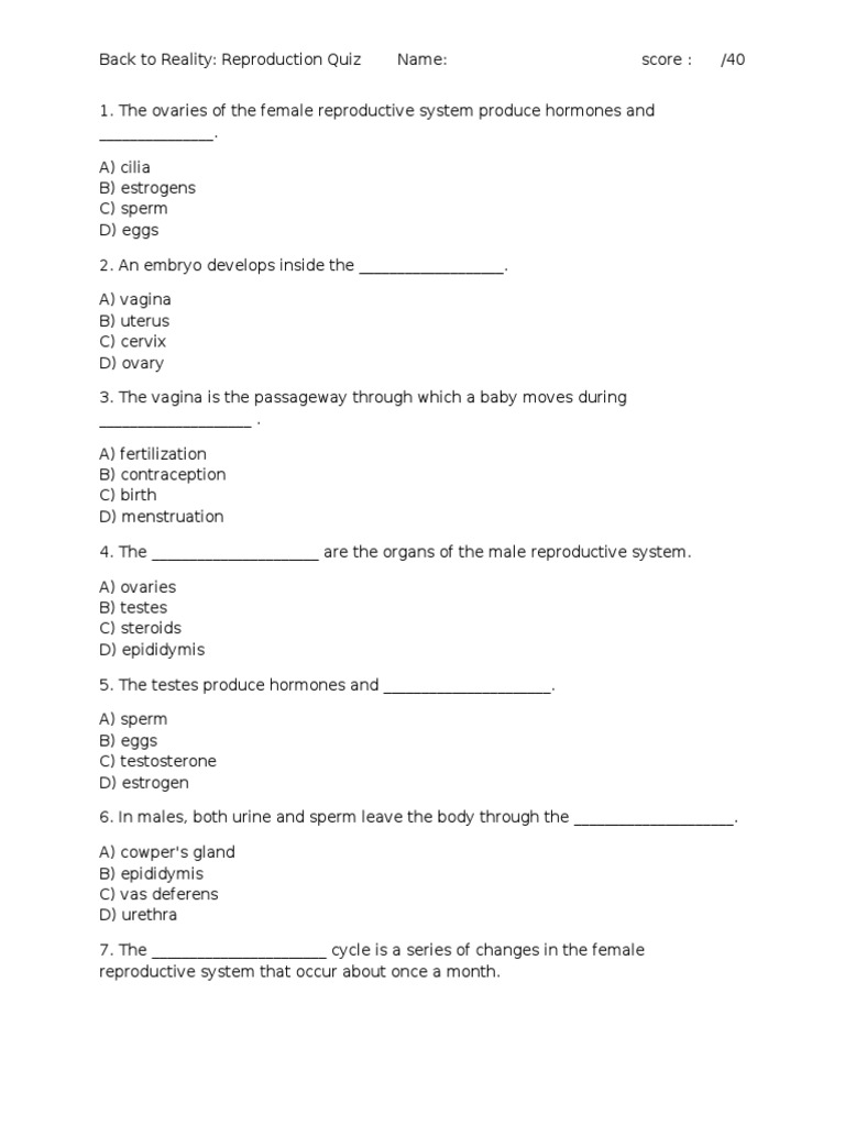 Reproduction Quiz | PDF | Fertilisation | Reproductive System