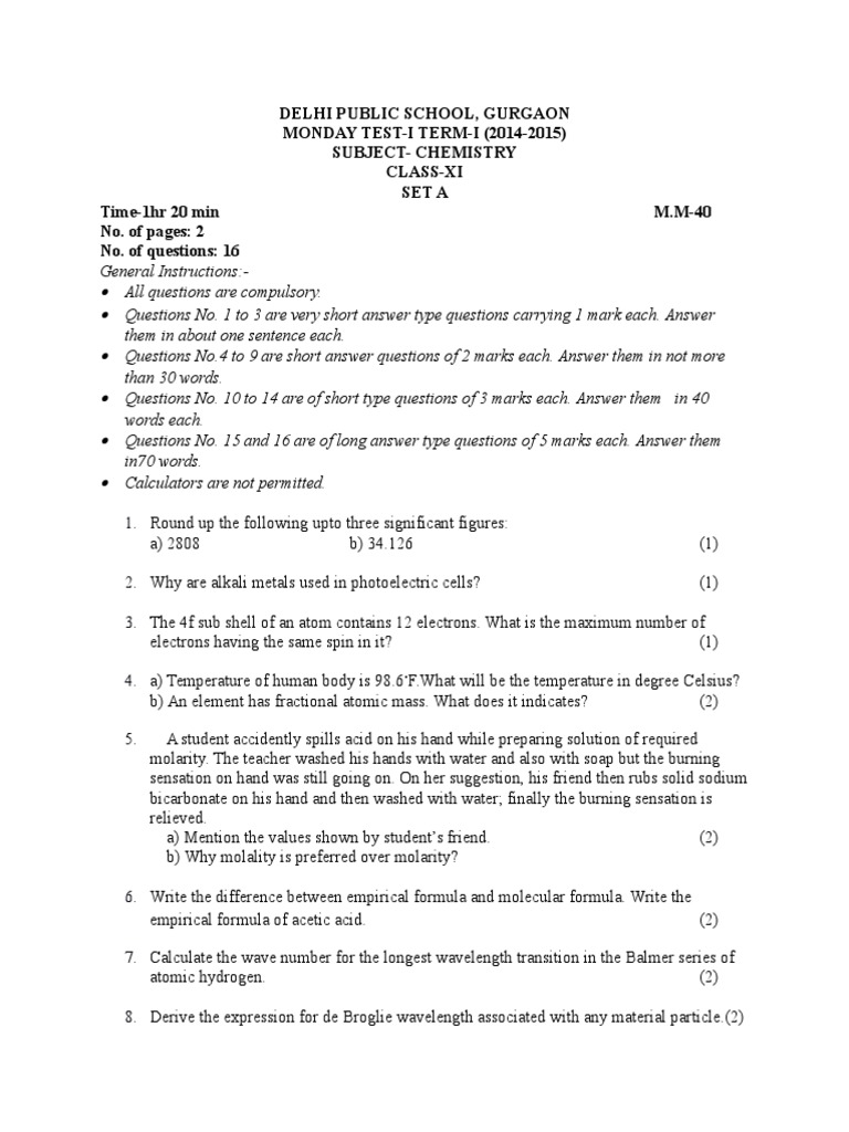 Chemistry DPS PAPER | Download Free PDF | Mole (Unit) | Atoms