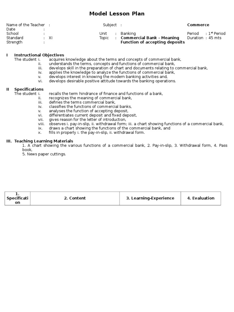 Commerce Lesson Plan | PDF | Deposit Account | Banks