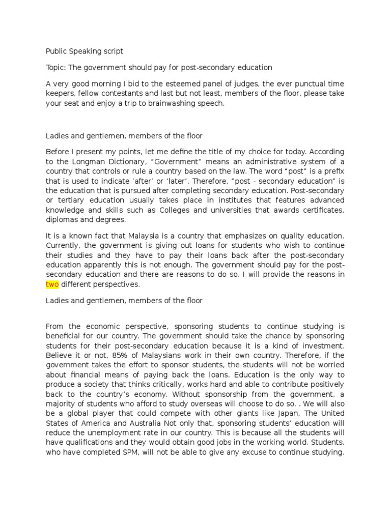 Public Speaking Script Edited | Higher Education | Secondary Education ...