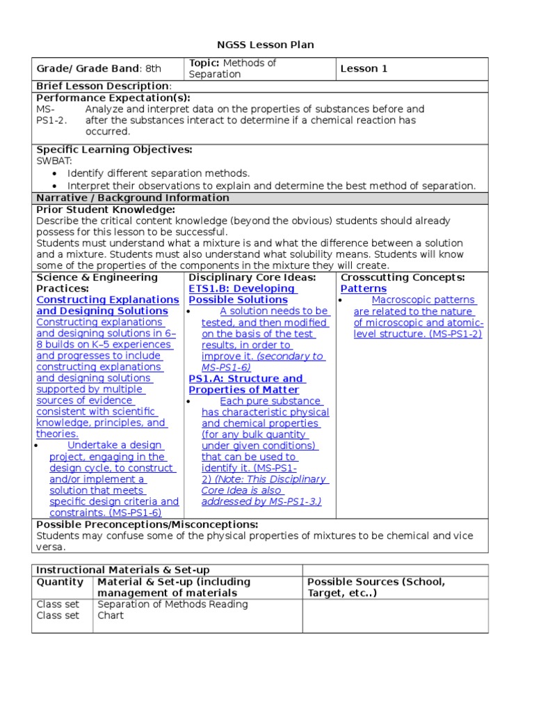 Methods of Separation Lesson Plan | PDF | Solution | Chemistry