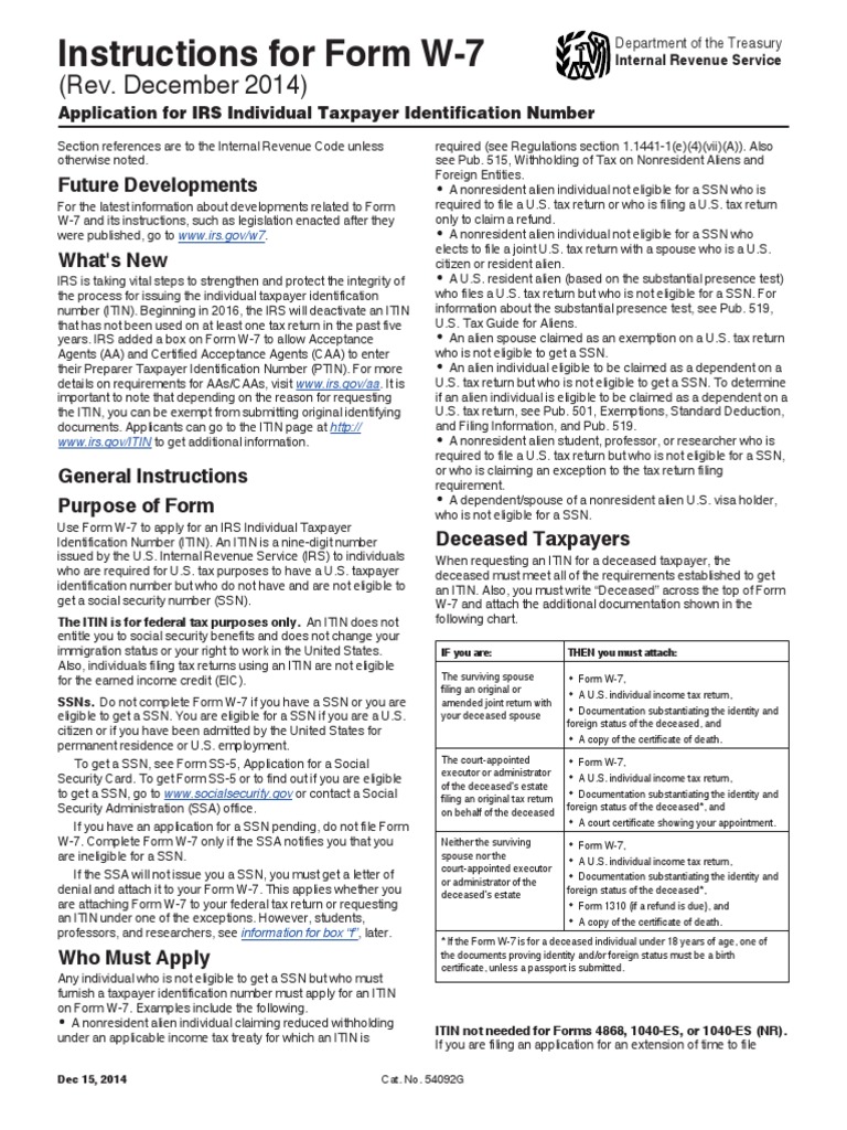 W7 Instructions | PDF | Withholding Tax | Social Security Number
